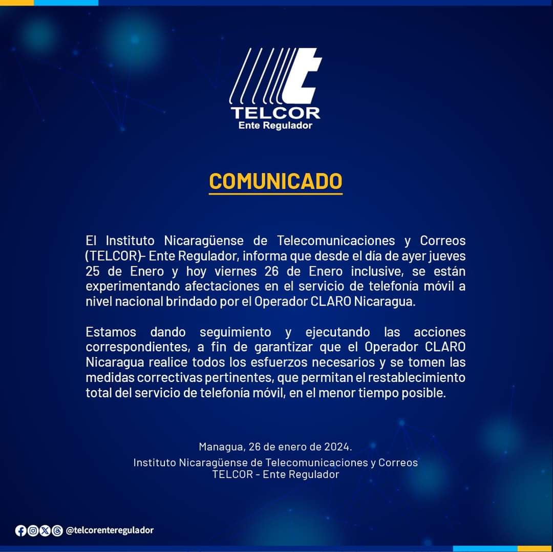 Telcor remite nota de prensa por las afectaciones en la telefonía móvil